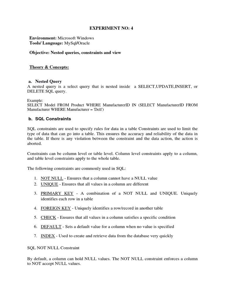 Experiment No. 4 - DBMS Lab Final | PDF | Relational Database | Table ...
