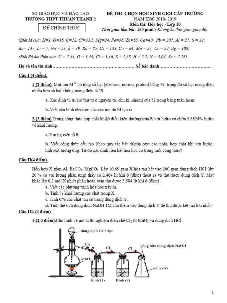 De Thi HSG Hoa Hoc 10 Nam 2018 2019 Truong Thuan Thanh 2 Bac Ninh | PDF