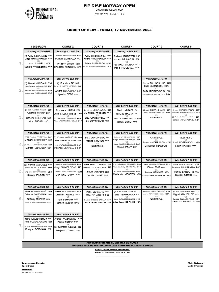 ORDER OF PLAY FRIDAY 17 NOVEMBER 2023 Norway | PDF