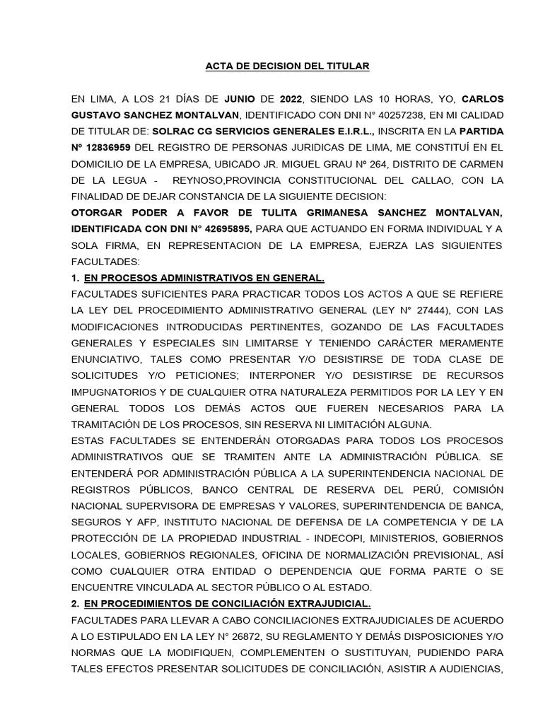 Acta Poder Solrac CG Servicios Generales E.I.R.L. | PDF | Ley procesal ...