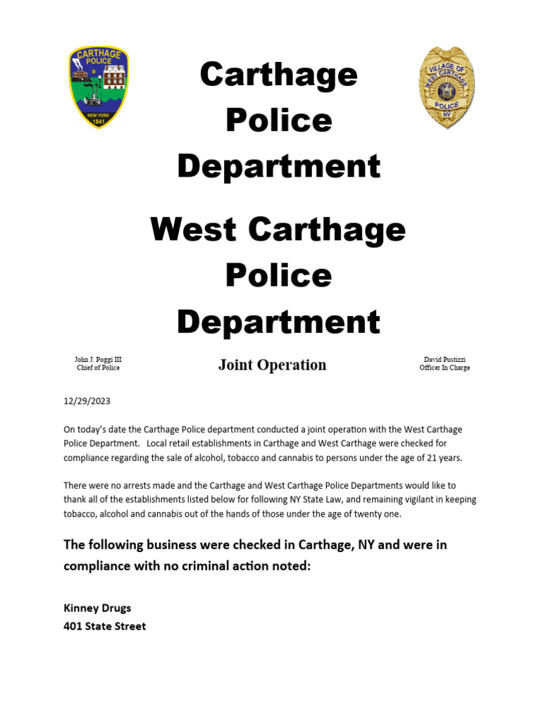 Carthage and West Carthage Police Departments Dec. 29, 2023 | PDF ...
