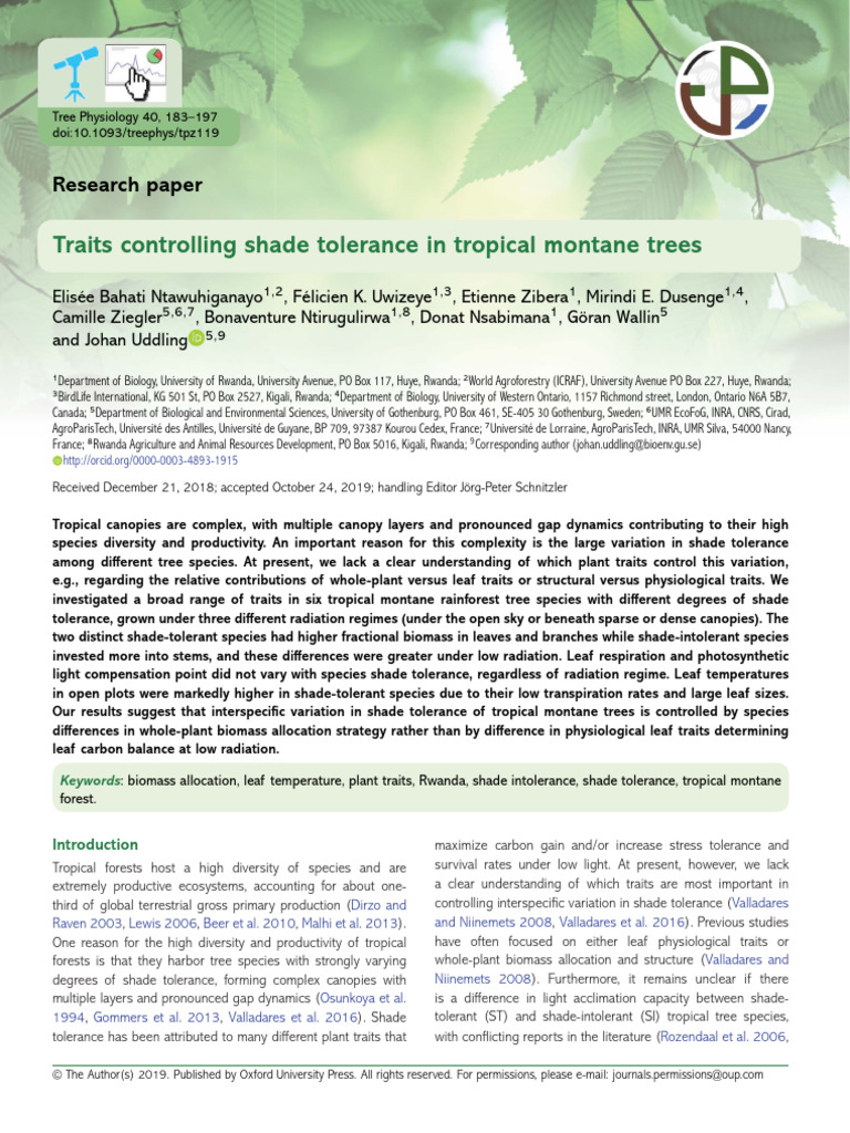 Traits Controlling Shade Tolerance in Tropical Montane Trees | PDF