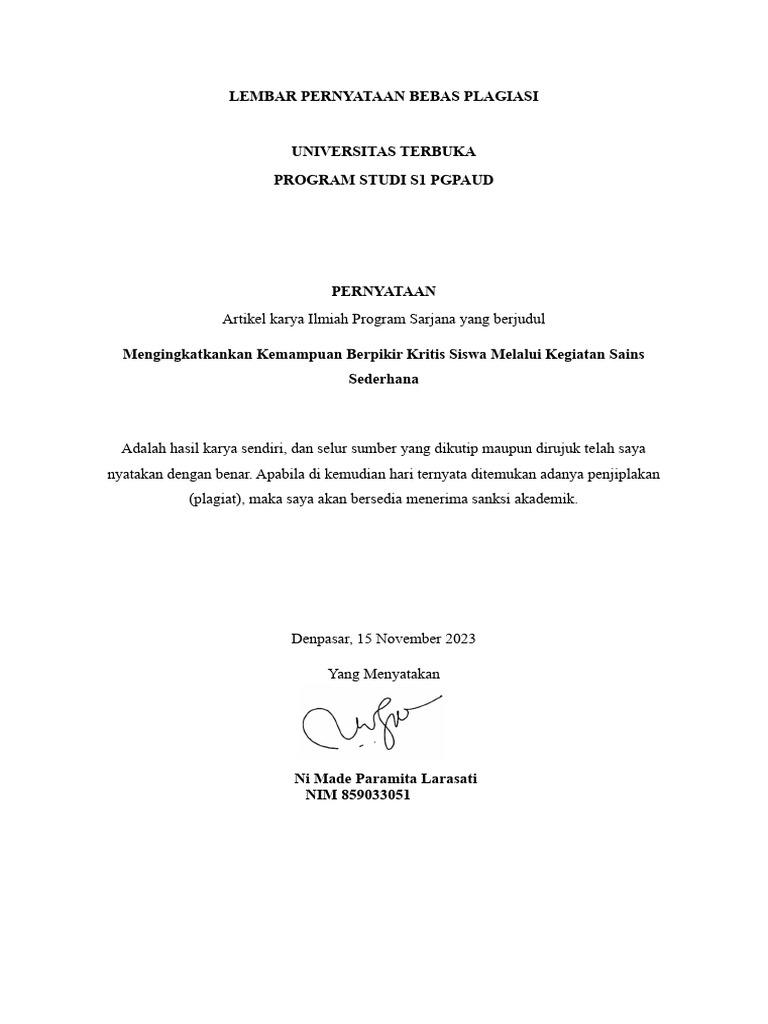 Lembar Pernyataan Bebas Plagiasi UT | PDF