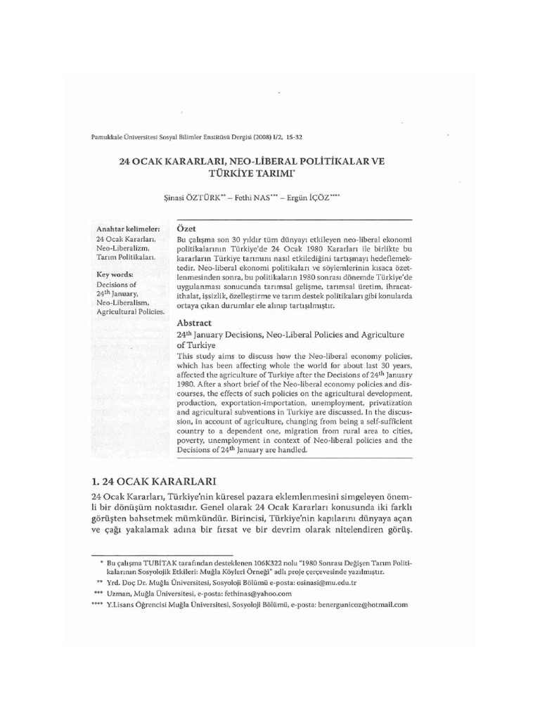 24 Ocak Kararlari, Neo-L Beral Pol T Kalar Ve T RK Ye Tarimi (#383676) - 410858 | PDF