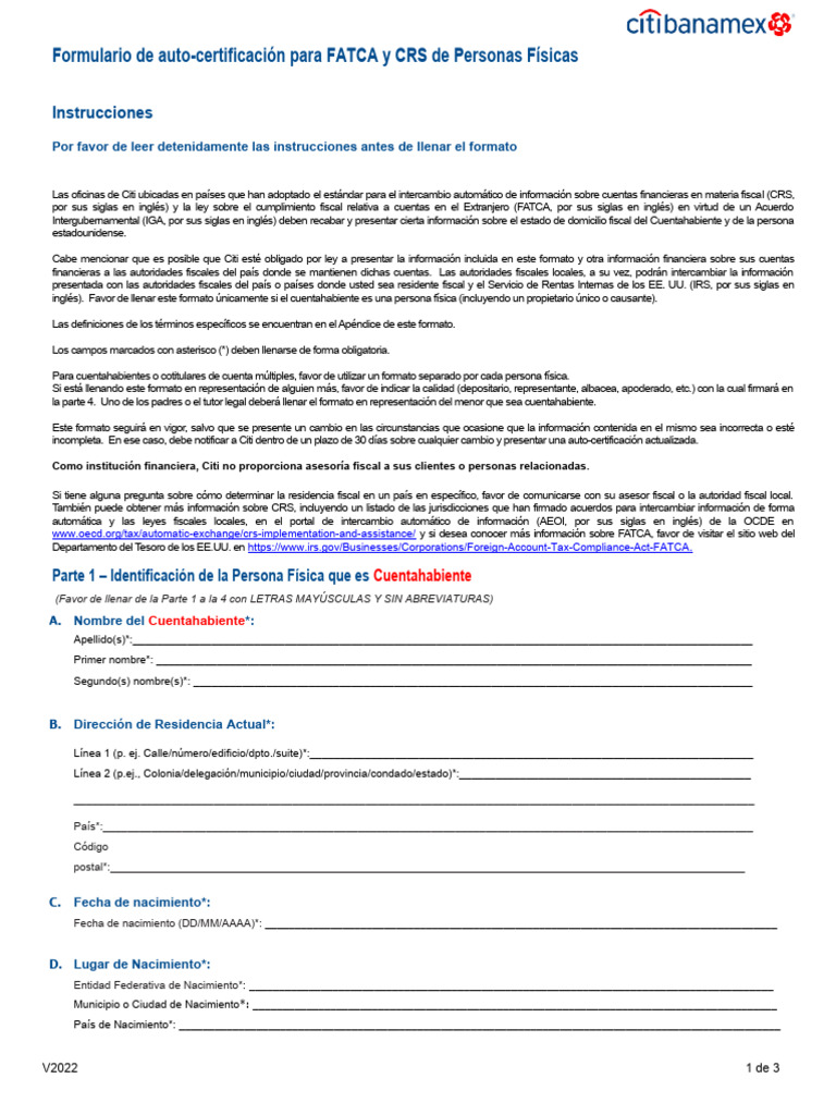FATCA y CRS Formato de Auto-Certificación Individuos | PDF