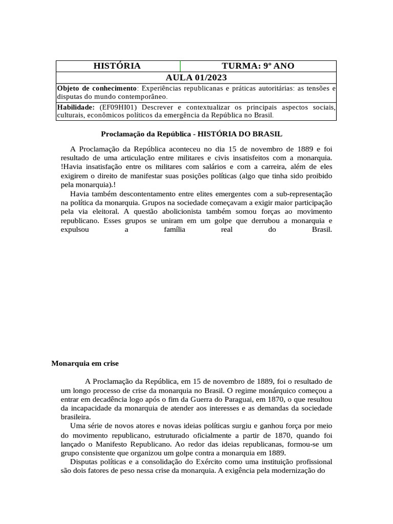 História 9 Ano 1 Bimestre | PDF | República | Escravidão