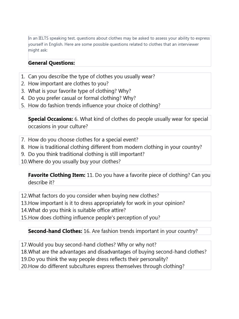 IELTS Speaking: Clothing Questions Guide | PDF