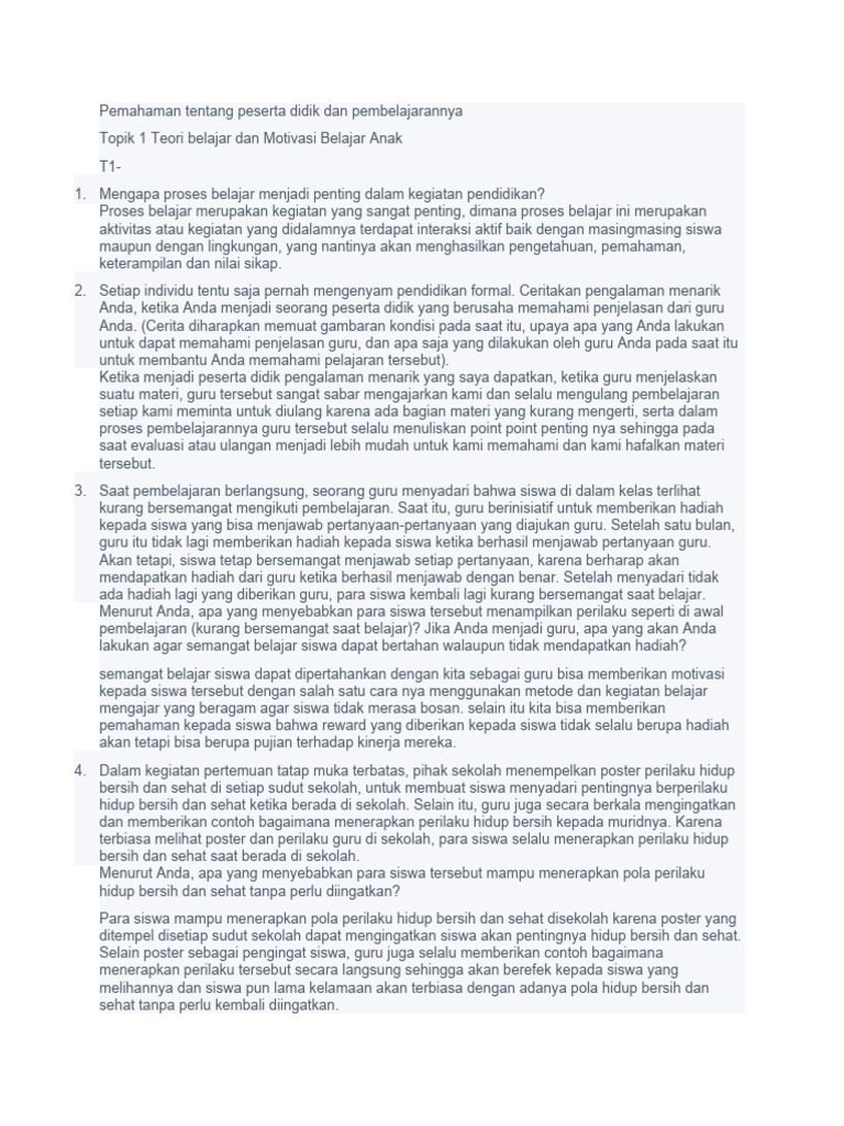 Referensi Jawaban Pemahaman Tentang Peserta Didik Dan Pembelajarannya | PDF