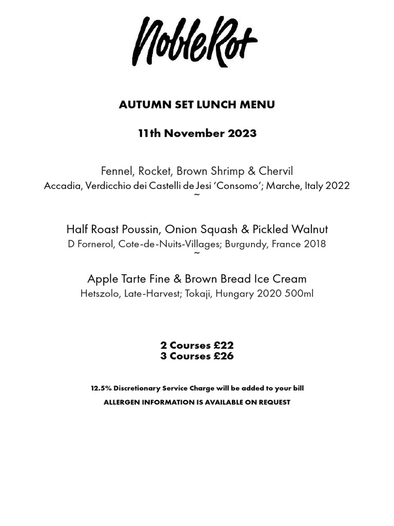 Noble Rot Menu Nov 2023 | PDF | Foods | Cuisine