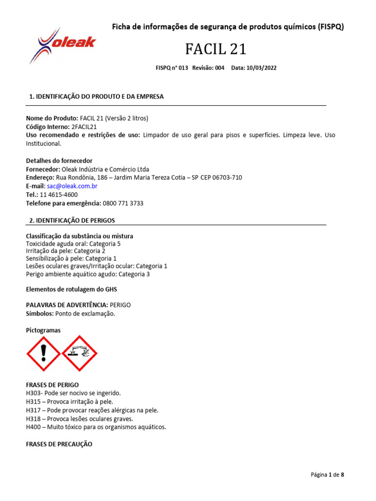 FISPQ - Facil 21 | PDF | Vapor | Química