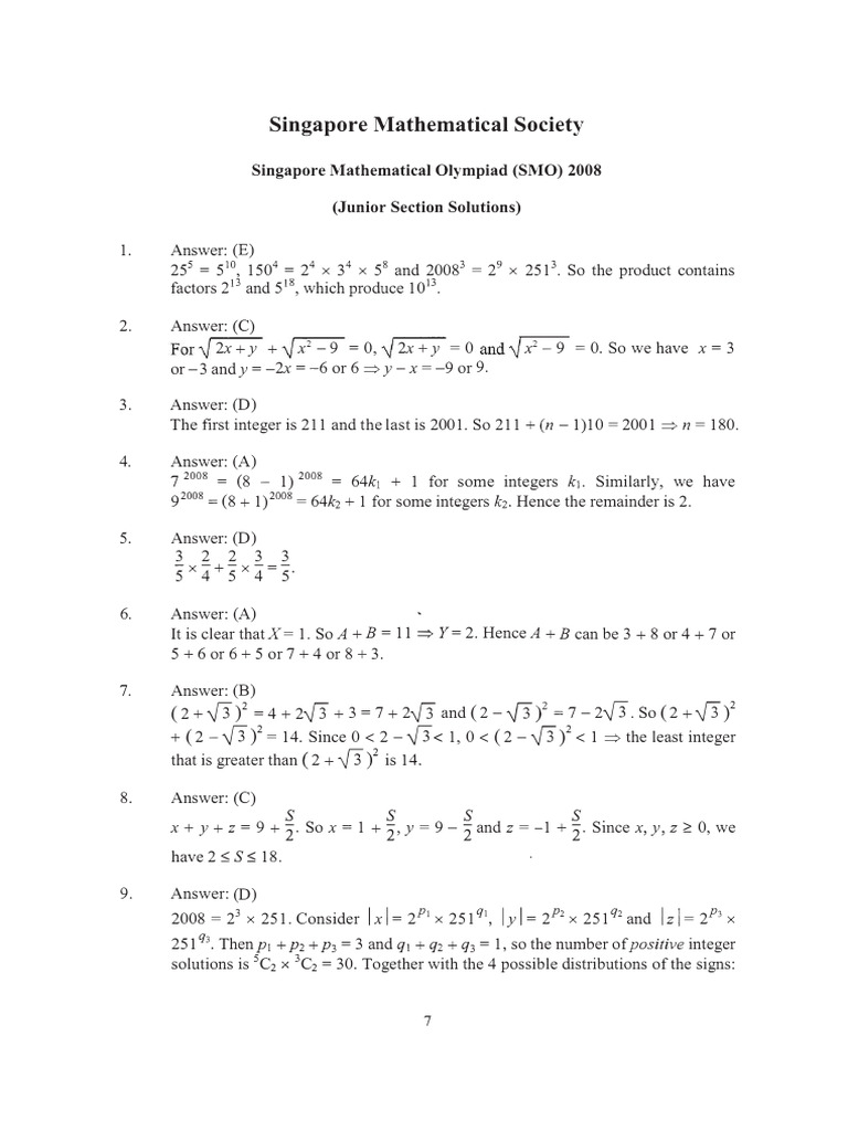 Junior Section - First Round Solutions - SMO Singapore Mathematical Olympiad 2008 | PDF