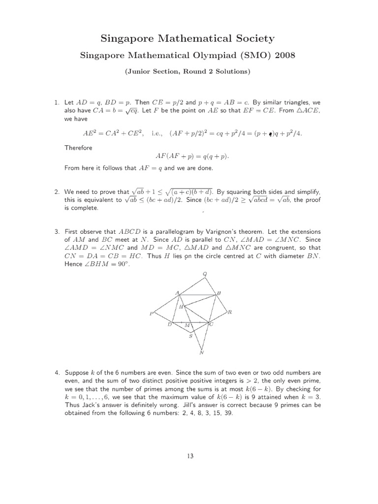 Junior Section - Round 2 Solutions - SMO Singapore Mathematical Olympiad 2008 | PDF