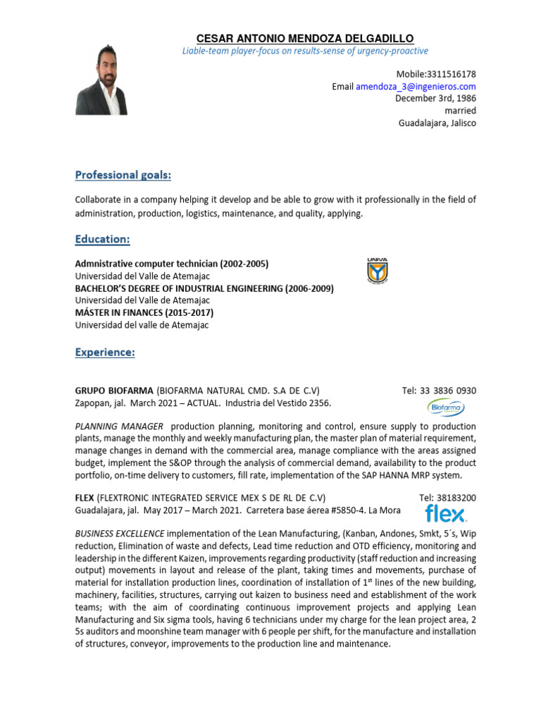 Resume Cesar 2023 | PDF | Lean Manufacturing | Business Process Management