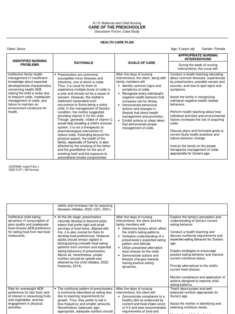 Preschooler Health Care Plan Guide | PDF | Common Cold | Behavior