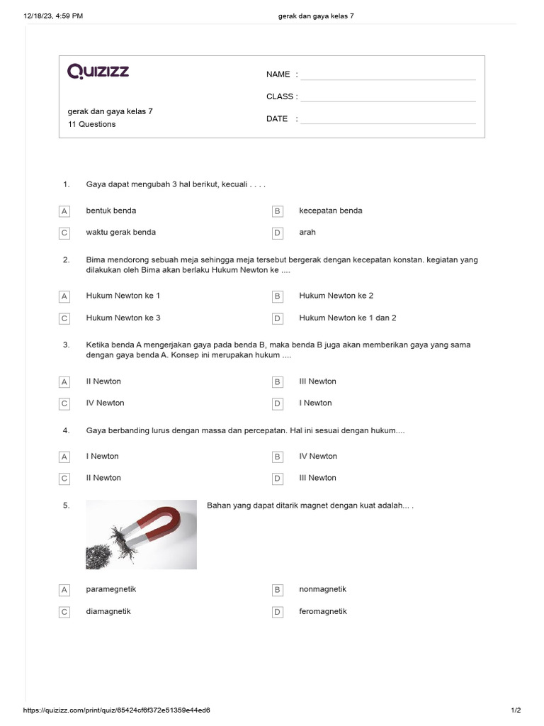 Soal Gerak Dan Gaya Kelas 7 | PDF