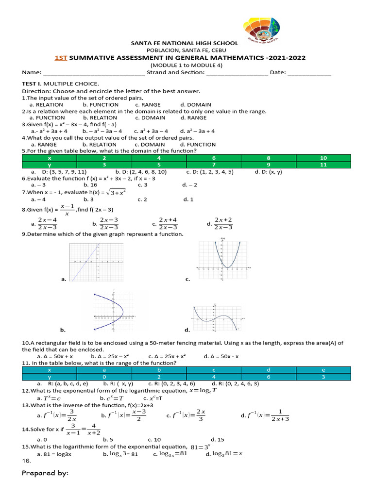 Mathematics Module 2 Answer Key | PDF | Function (Mathematics) | Logarithm
