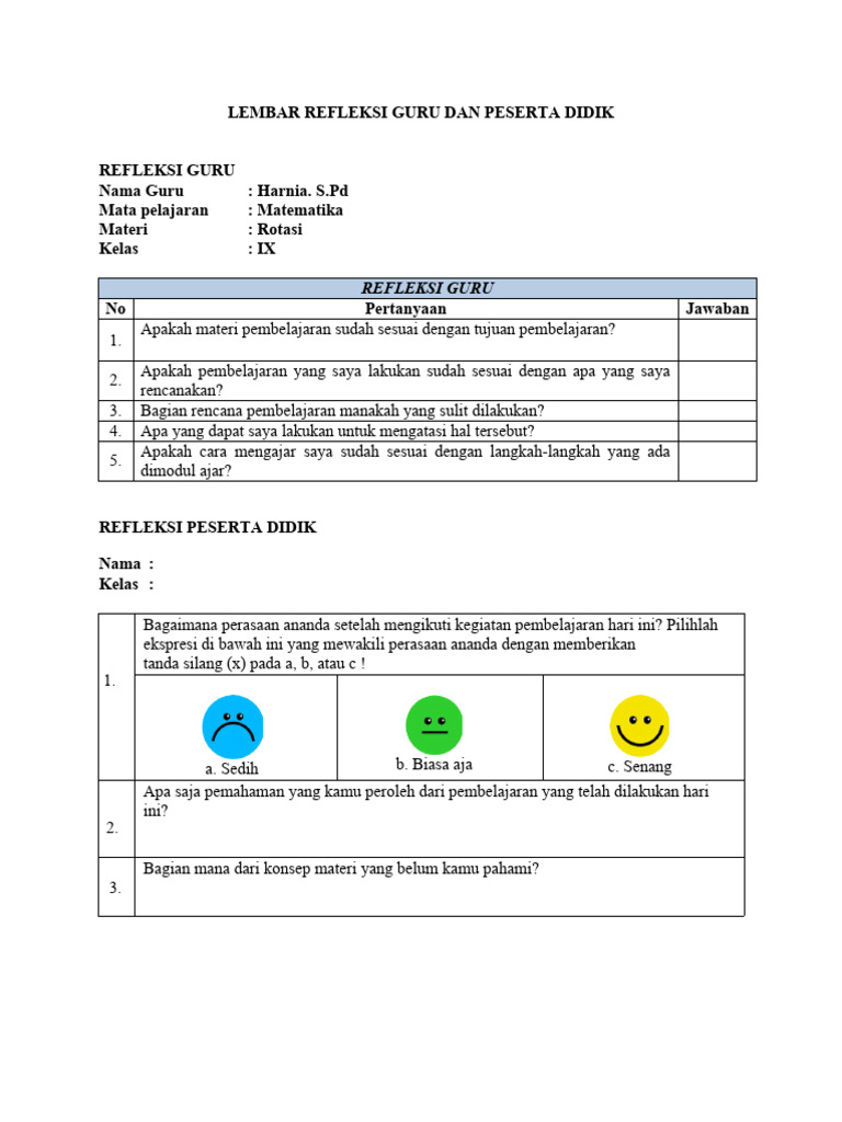 Refleksi Pembelajaran Matematika Kelas IX | PDF | Karier & Perkembangan