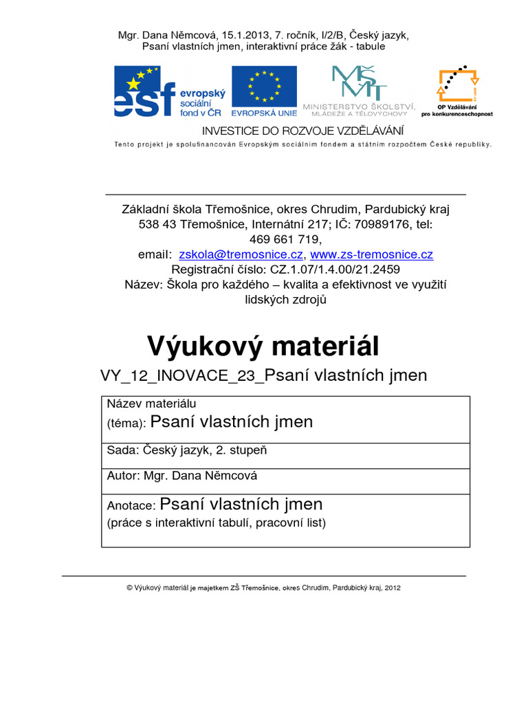 VY 12 INOVACE 23 Psani Vlastnich Jmen | PDF