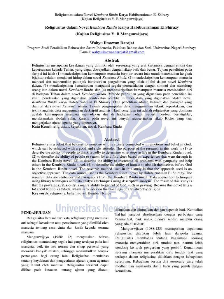 Religiusitas Dalam Novel Kembara Rindu Karya Habiburrahman El Shirazy (Kajian Religiusitas Y. B ...