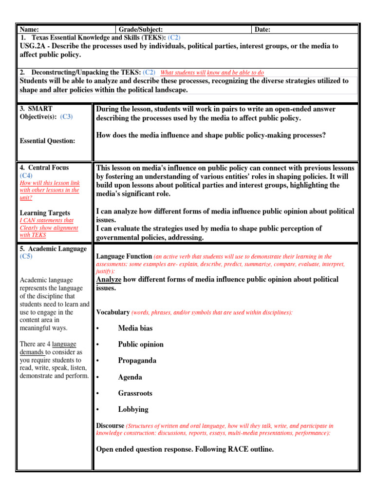 Edtpa Lesson Plan Guide LPG - 1 2 | PDF | Communication | Behavior Modification