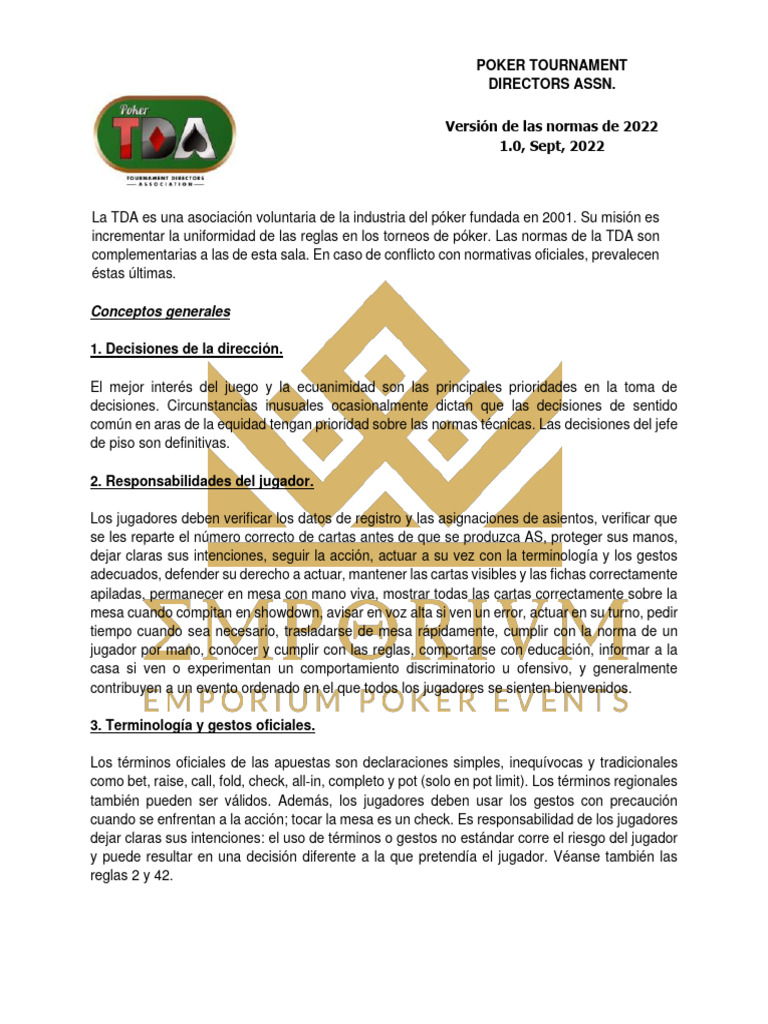 Reglas TDA Póker 2025 | PDF | Texas Hold 'Em | Juego