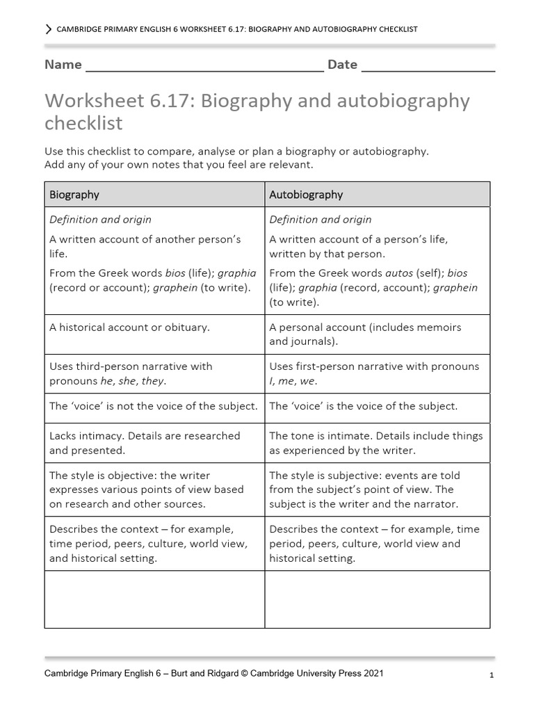 Biography and Autobiography Checklist | PDF