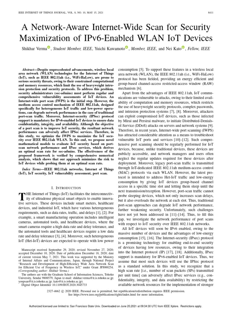 Jurnal A Network-Aware Internet-Wide Scan For Security Maximization of IPv6-Enabled WLAN IoT ...
