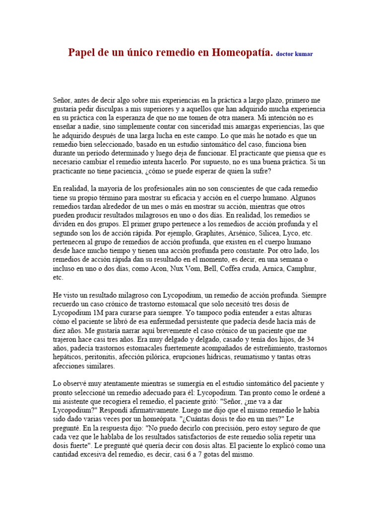 Papel de Un Único Remedio en Homeopatía | PDF | Homeopatía ...