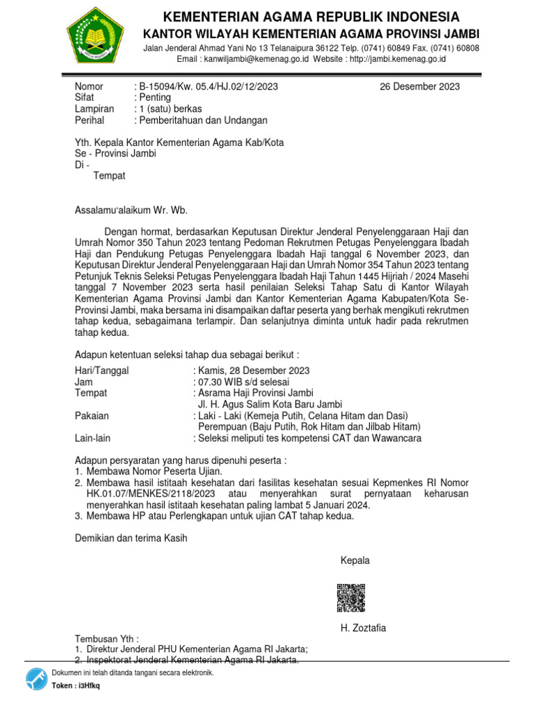 Surat Pemberitahuan Dan Undangan Peserta Rekrutmen PPIH Kloter Dan PPIH ...