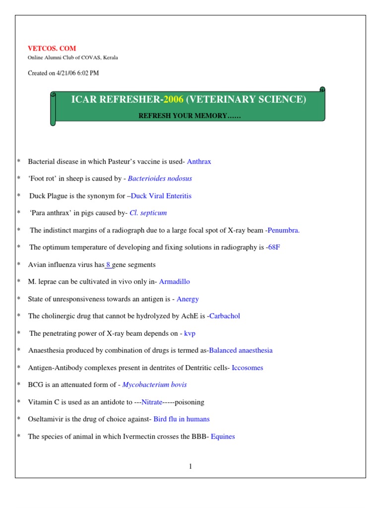 Veterinary Science Refresher Notes | PDF | Virus | Antibody