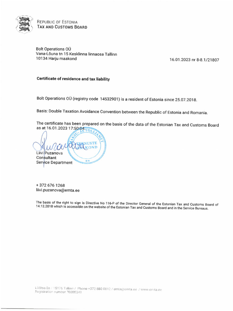 Certificat Rezidenta Fiscala Bolt 2023 | PDF