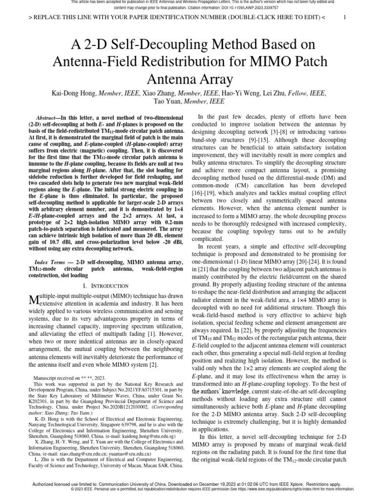 A 2-D Self-Decoupling Method Based On Antenna-Field Redistribution For MIMO Patch Antenna Array ...