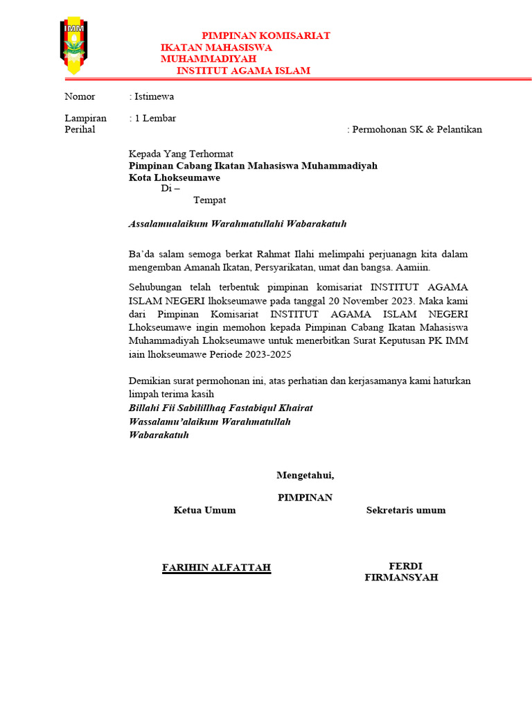Surat Permohonan SK&Pelantikan PC IMM IAIN Lhokseumawe MU LSM BARU | PDF Surat Permohonan SK&Pelantikan PC IMM IAIN Lhokseumawe MU LSM BARU | PDF