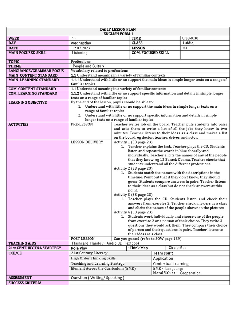 Daily Lesson Plan T1 S | PDF | Teachers | Lesson Plan