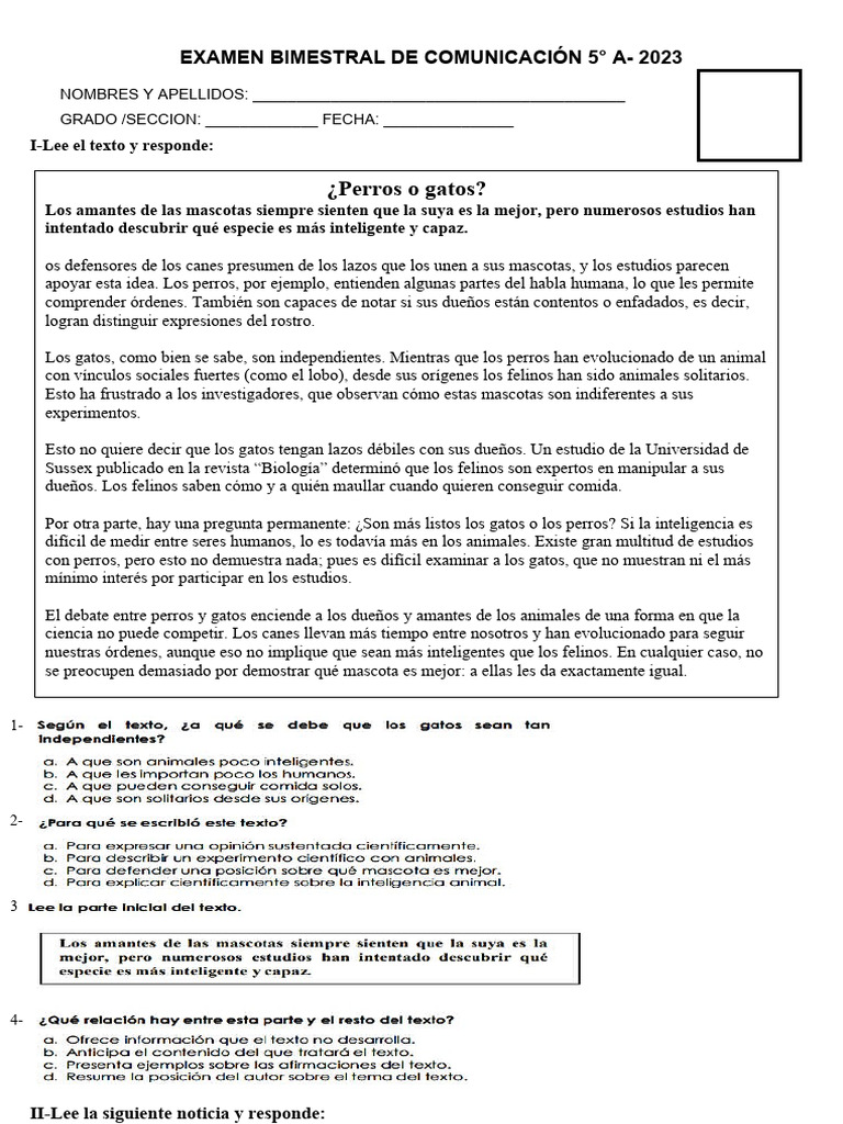 Examen Bimestral de Comunicación 5 | PDF