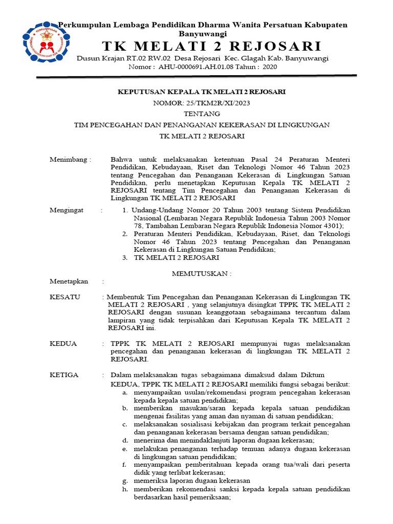 Pembentukan Tim Penanganan Kekerasan TK Melati 2 | PDF
