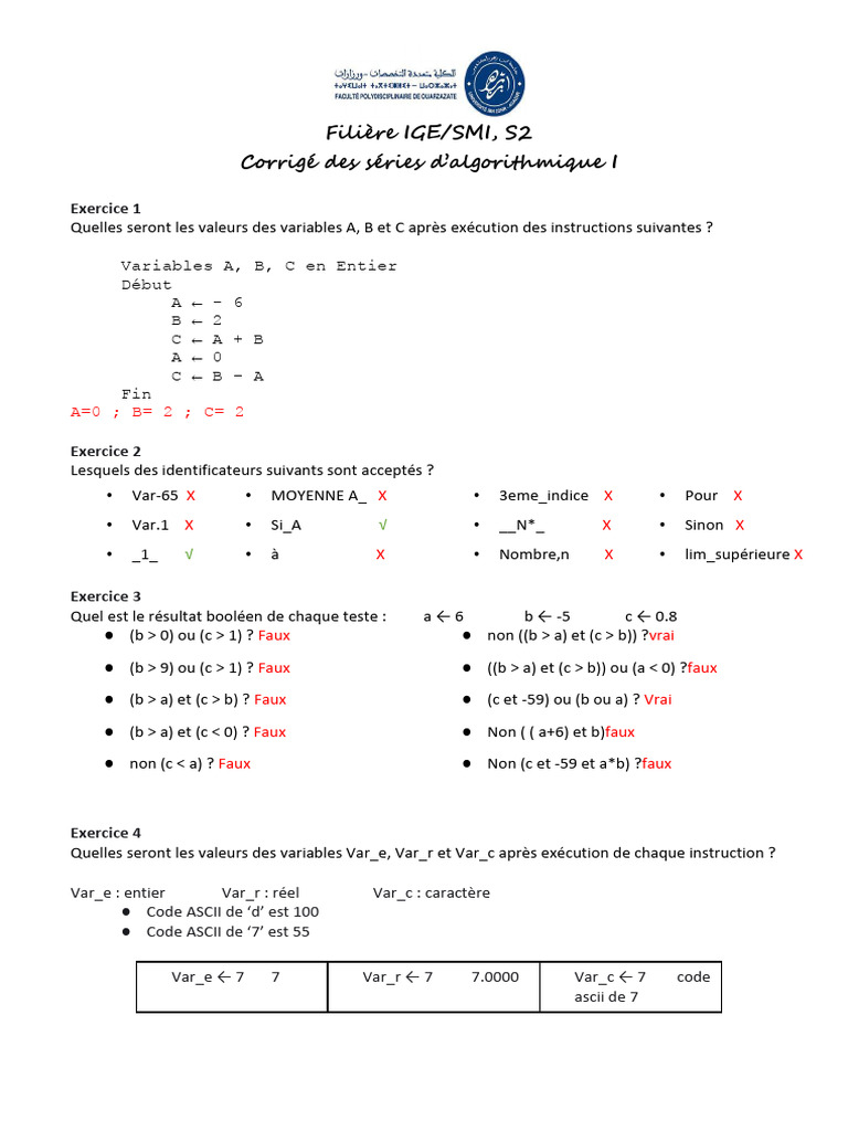 Algorithmiques-Série D'exercices Corrigés | PDF