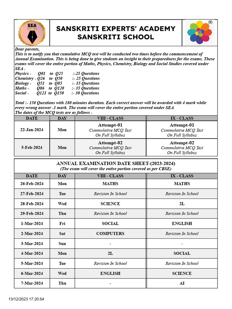 VIII&IX Attempt-01&02 Annual Exam Date Sheet | PDF