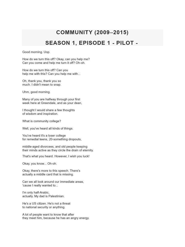 Community S01E01: Pilot Episode Summary | PDF | Religion & Spirituality ...