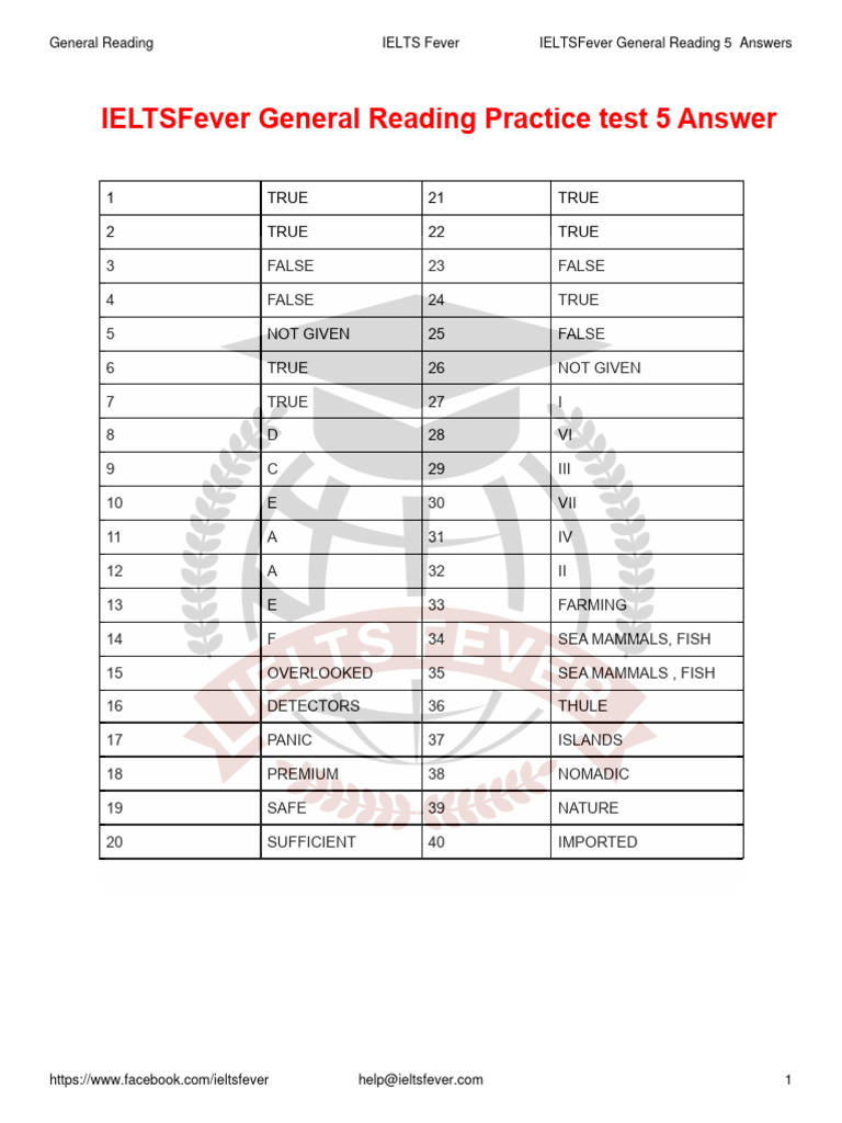 ANSWERS Ieltsfever General Reading Practice Test 5 PDF | PDF