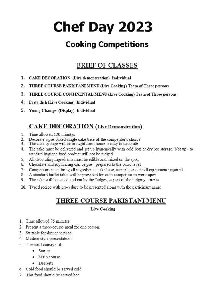 Chef Day 2023 Rules & Regulation | PDF | Cooking, Food & Wine | Science ...
