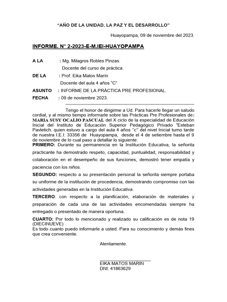 Informe de Practicas Pre Profesionales | PDF