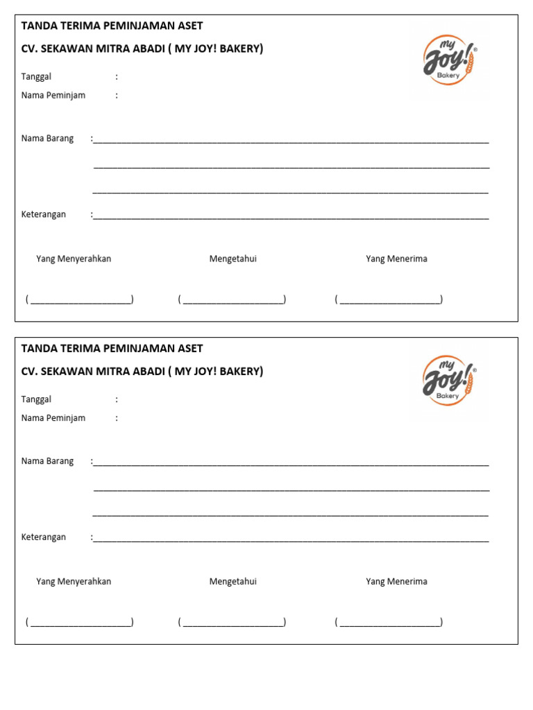Tanda Terima Peminjaman Aset Mitra Abadi | PDF
