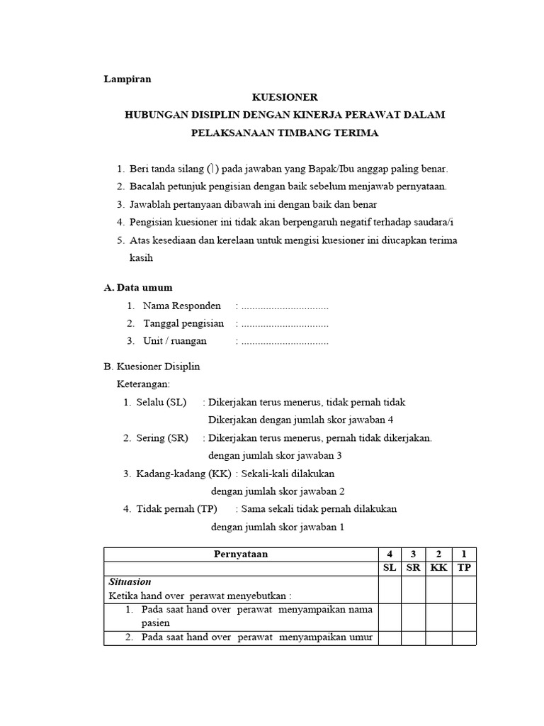 Lampiran Kuesioner Hand Over | PDF