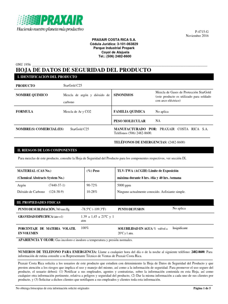 Msds Mezcla de Argon y Dioxido de Carbono | PDF
