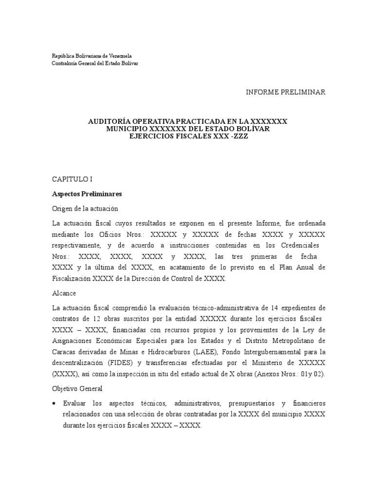 Informe Preliminar Modelo | PDF | Presupuesto | Bancos
