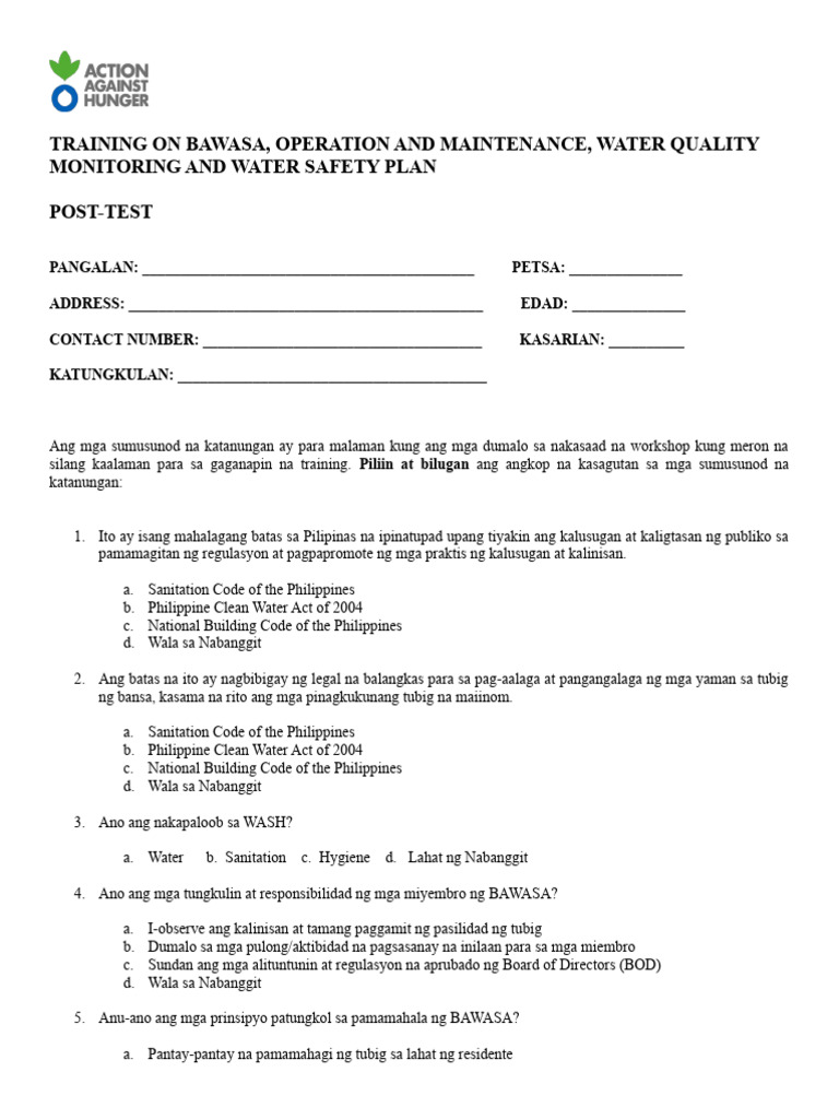 Post-Test - Training On BAWASA, Operation and Maintenance, Water ...