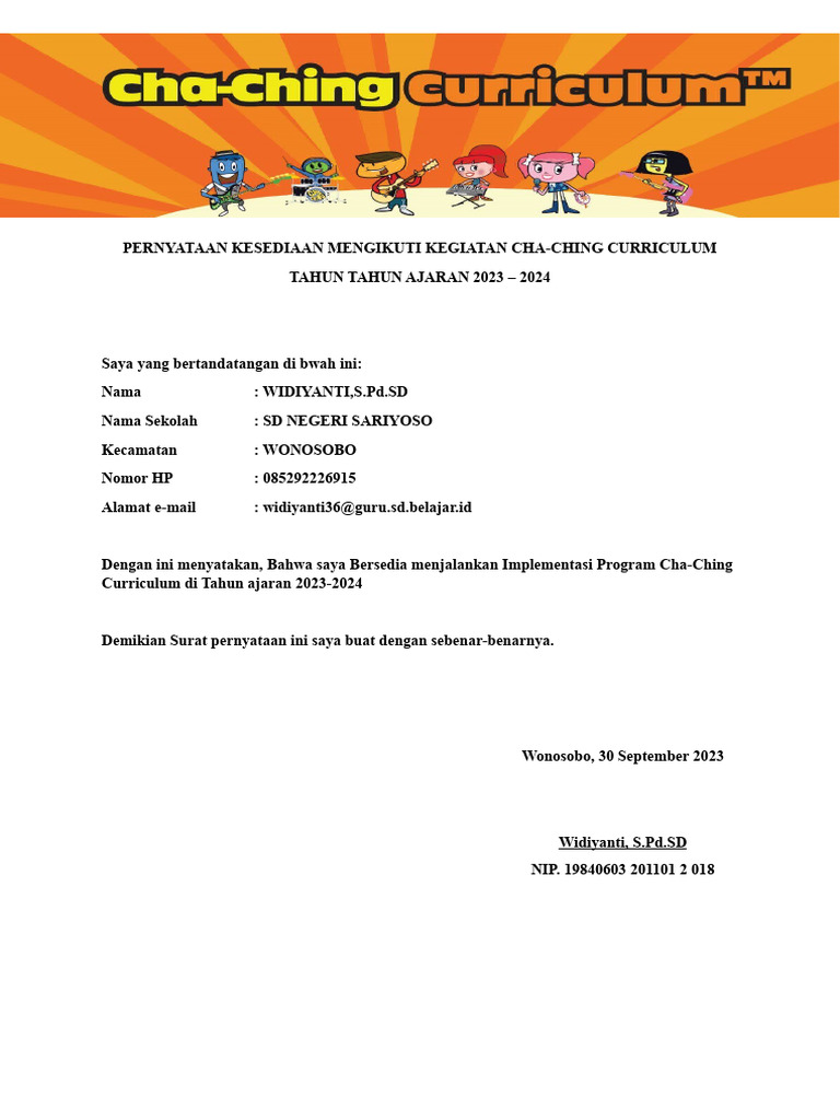 PERNYATAAN KESEDIAAN Chaching | PDF | Karier & Perkembangan