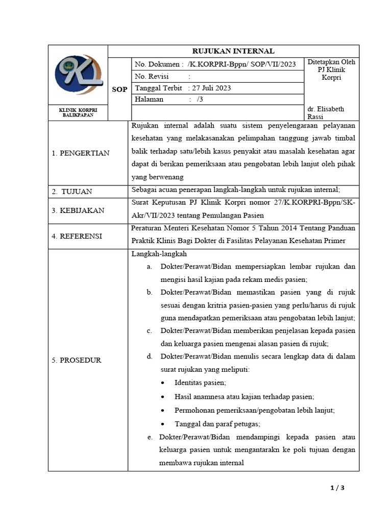 3.10.1 SOP Rujukan INTERNAL | PDF | Pengembangan Diri | Kesehatan Holistik