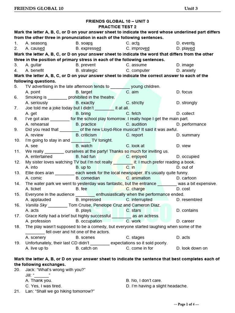 Tieng Anh 10 Friends Global - Unit 3 - Test 2 | PDF